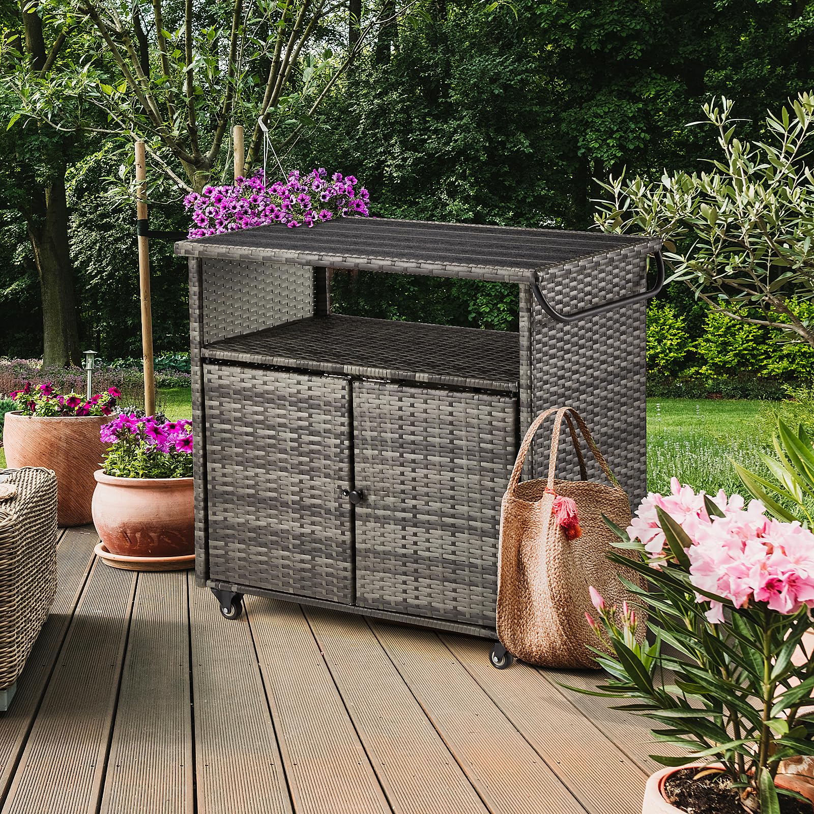 Danrelax Outdoor Storage Cabinet, Patio Storage Box with Handles, Waterproof Liner and 4 Universal Wheels, Fade-resistant PE Rattan Storage Box for Cushions, Gardening Tools, Outdoor Deck Box, Gray