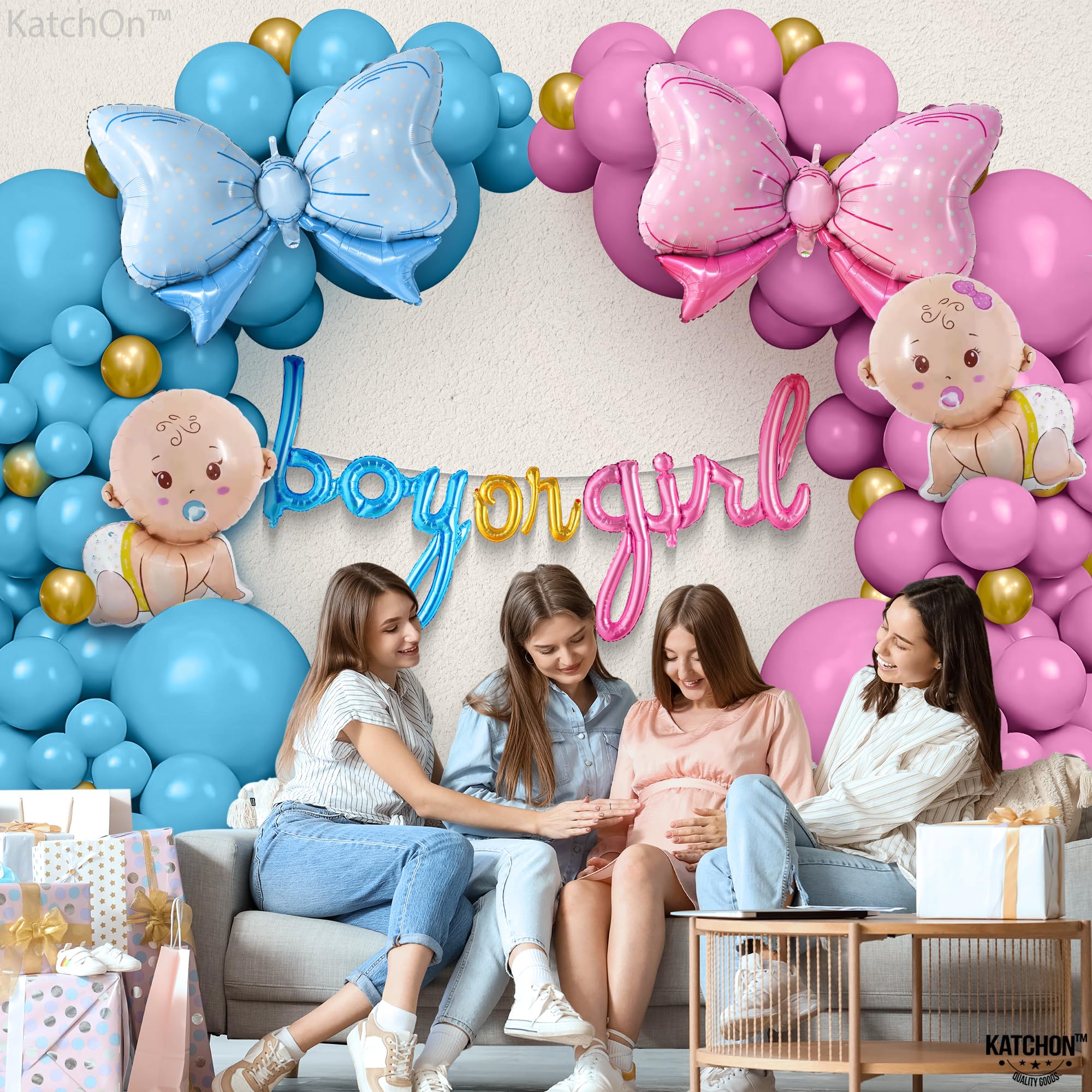 KatchOn, Gender Reveal Balloon Arch Kit - Pack of 70 | Pink and Blue Balloons for Gender Reveal Decorations | Baby Balloons, Bow Balloons | Boy or Girl Balloon, Boy or Girl Gender Reveal Decorations