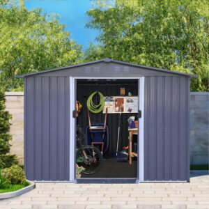 Outdoor Storage Shed 8 x 6 FT Lockable Metal Garden Shed Steel Anti-Corrosion Tool Shed Storage House with Sliding Door & Air Vent for Backyard Patio Lawn (Dark Grey)