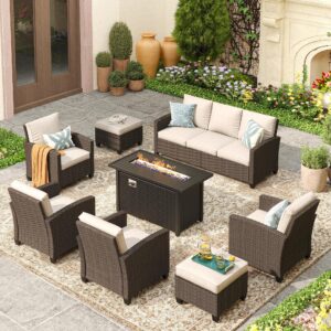 vicllax 8 pieces wicker patio furniture set with fire pit table 44.8" metal top, 3-seat sofa, 4 single chairs, 2 ottomans, outdoor conversation set for garden, poolside, backyard, beige cushion