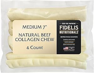 fidelis rawhide-free treat sticks, long lasting, collagen dog chews, treats, small & large dogs, beef collagen, gluten-free, grain-free, dog chew, bones-alternative, made in usa, 4pk, beef, 7"