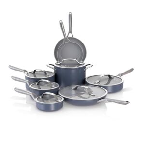 ninja neverstick ceramic pro 14-piece cookware set, non-stick pots & pans set with glass lids, ceramic coated, stainless steel, stove to oven safe, all stovetops & induction compatible, blue cw39014mm