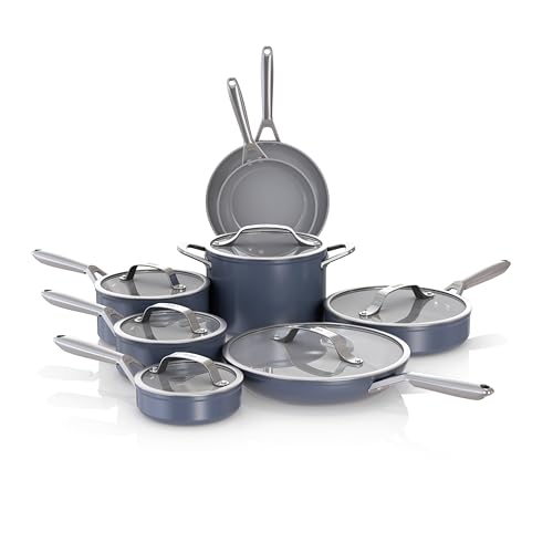 Ninja NeverStick Ceramic Pro 14-Piece Cookware Set, Non-Stick Pots & Pans Set with Glass Lids, Ceramic Coated, Stainless Steel, Stove to Oven Safe, All Stovetops & Induction Compatible, Blue CW39014MM