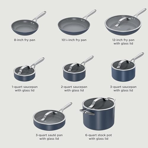 Ninja NeverStick Ceramic Pro 14-Piece Cookware Set, Non-Stick Pots & Pans Set with Glass Lids, Ceramic Coated, Stainless Steel, Stove to Oven Safe, All Stovetops & Induction Compatible, Blue CW39014MM