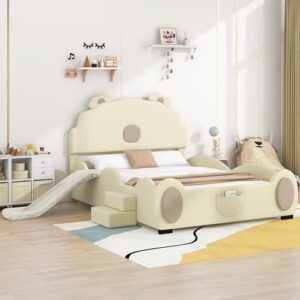 merax, beige size upholstered platform bed frame, children's slide and led light for girls, full(piglet headboard)