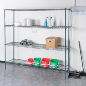 Restaurantware - Shelves ONLY: RW Base 18 x 72 x 1.5 Inch Epoxy Shelves, 4 NSF Certified Wire Shelves - Shelving Posts Sold Separately, with 32 Split Sleeves, Green Steel Shelves, Does Not Corrode