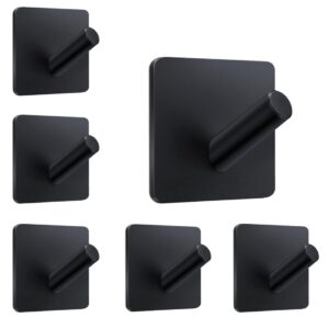 edmile adhesive towel hooks 6 pack, bath towel hooks, adhesive wall hooks for bathroom coat robe kitchen, stainless steel self-adhesive hooks, black