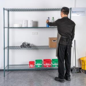 Restaurantware - Shelves ONLY: RW Base 18 x 72 x 1.5 Inch Epoxy Shelves, 4 NSF Certified Wire Shelves - Shelving Posts Sold Separately, with 32 Split Sleeves, Green Steel Shelves, Does Not Corrode