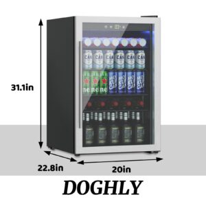 DOGHLY 4.5 Cu.ft Beverage Refrigerator Cooler, 145 Can Mini Fridge with Glass Door, Digital Temperature Display for Soda, Beer or Wine For Office or Bar with Adjustable Removable Shelves, Silver