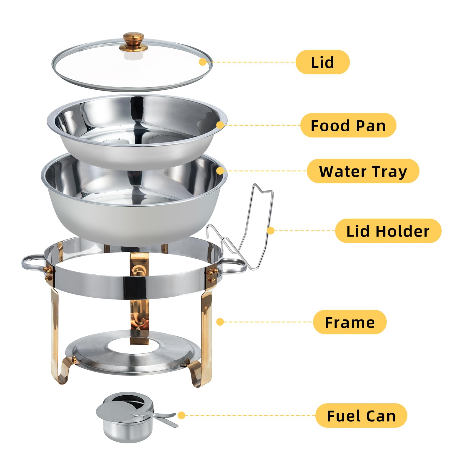 SETLUX 5QT Round Chafers for Catering Chafing Dishes for Buffet Gold Set,Chafers and Buffet Warmers Sets for Parties 4.5L(Gold 4 Pack)