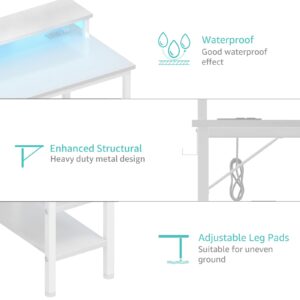 Lufeiya White Computer Desk with LED Lights and Power Outlets, 40 Inch Home Office Desks with Monitor Stand, Teen Writing Study Table Gaming Desk with Charging Station, White