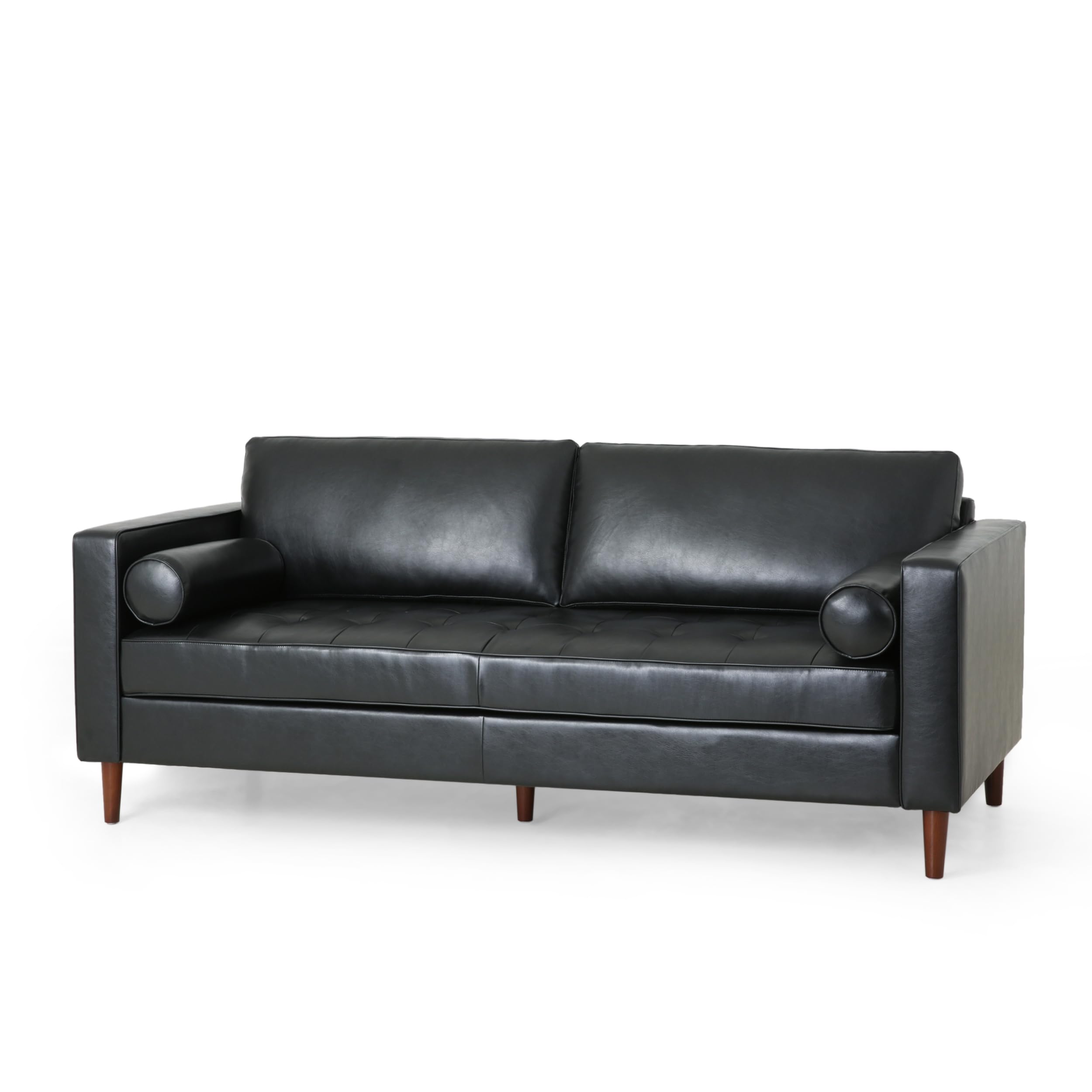 Merax Upholstered PU Sofa, Classic 3 Seater Leather Couch with Wooden Legs for Living Room Bedroom Officee, Black