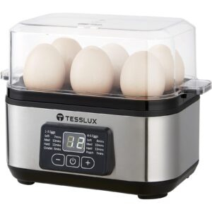 tesslux electric rapid egg cooker, 6 egg capacity for hard boiled eggs, poached eggs, scrambled eggs, or omelets maker with auto shut off