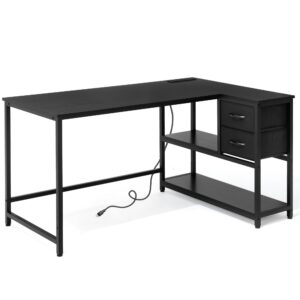 JOINHOM L-Shaped Desk with Drawers - 55 in Reversible Black Office Desk for Home Office, Computer Desk with Storage for Bedroom, L-Shaped Computer Desk with USB Ports and Bookshelf