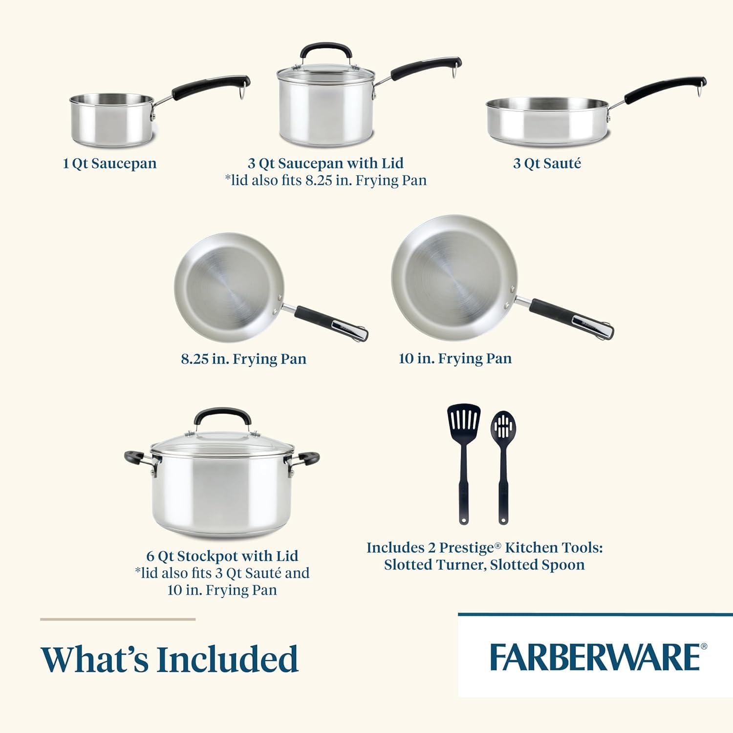 Farberware Brilliance Stainless Steel Cookware Pots and Pans Set with Kitchen Cooking Tools and Glass Lids, 10 Piece, Dishwasher Safe and Induction Ready, Stainless Steel