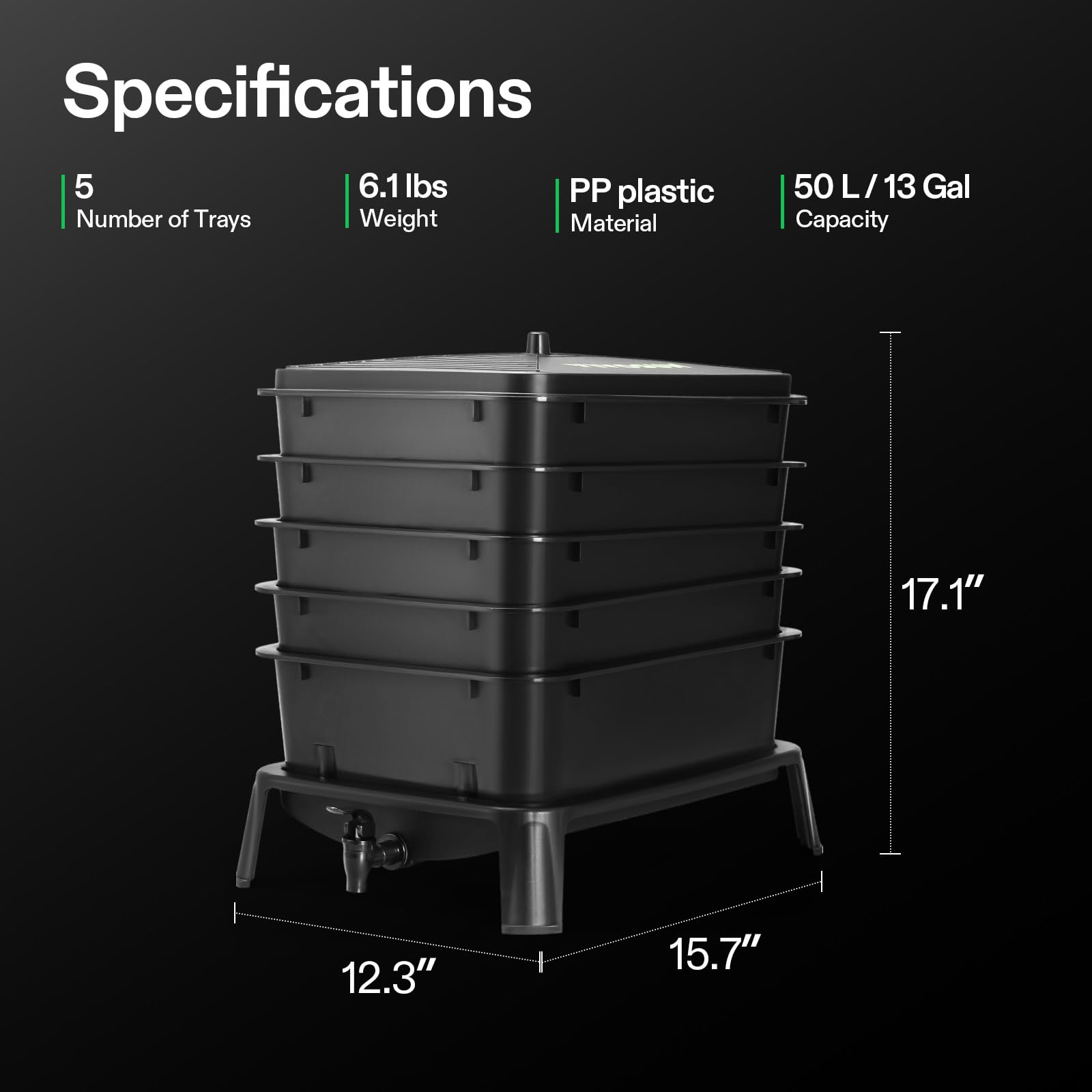 VIVOSUN 5-Layer Worm Compost Bin, 50L Worm Composter, Easy Setup Inclusive Worm Farm Kit for Recycling Food Waste