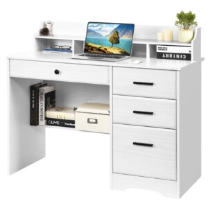 maverickfurni white desk with 4 drawers, computer desk with drawers and hutch&shelf, wood writing home office workstation, student desks for bedooms with drawers, 38.2” h x20.5” d x44” w - white