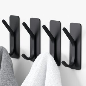 gwaazxgz adhesive towel hooks for wall - black adhesive hooks stick on wall for hanging towel, robe, self adhesive dual hooks for bathroom, kitchen, 4 pack