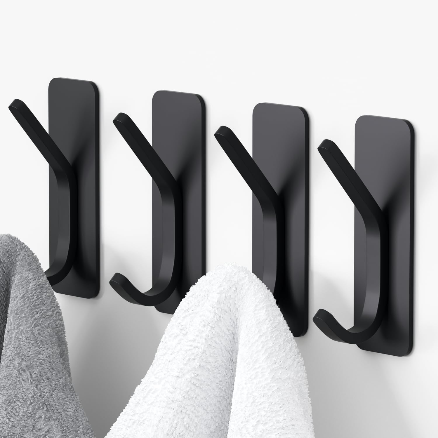 GWAAZXGZ Adhesive Towel Hooks for Wall - Black Adhesive Hooks Stick on Wall for Hanging Towel, Robe, Self Adhesive Dual Hooks for Bathroom, Kitchen, 4 Pack