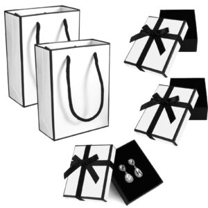 tucnoeu 2pcs white small gift box and 2pcs small gift bag with black ribbons,jewellery gift box for bracelets, earrings, rings, bangles, jewelry(3.5x2.7x1.2in)