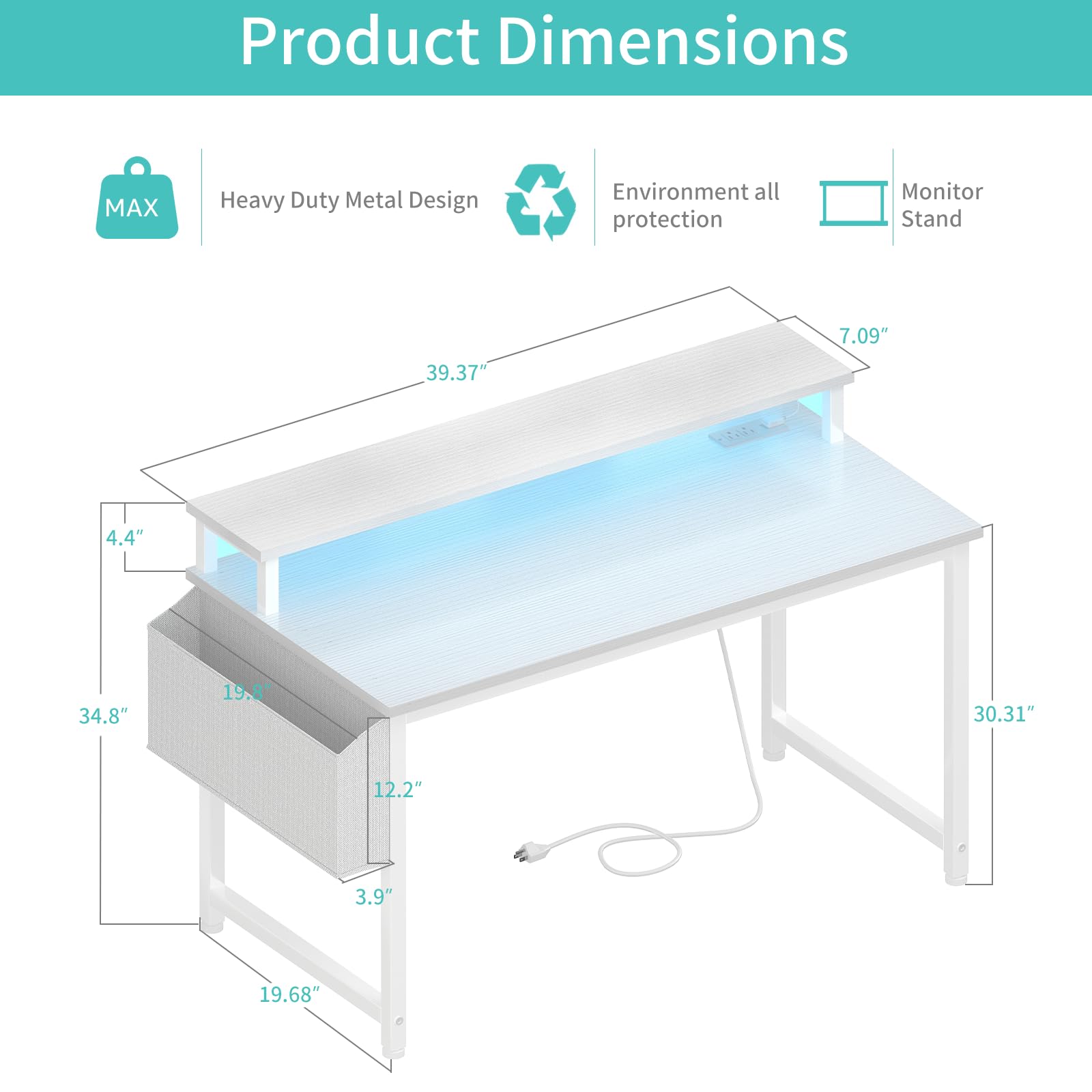 Lufeiya White Computer Desk with LED Lights and Power Outlets, 40 Inch Home Office Desks with Monitor Stand, Teen Writing Study Table Gaming Desk with Charging Station, White