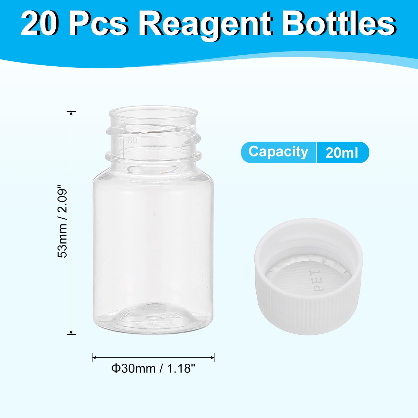 PATIKIL 20 Pcs 30ml Reagent Bottles, PET Wide Mouth Round Bottles with Screw Cap for Lab Water Reagent Liquids Solid Sample Storage Seal, Transparent