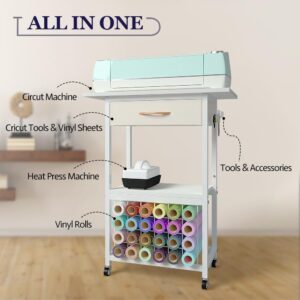 CRUDATE Organizers and Storage Compatible with Cricut Machines, Rolling Craft Storage Cart with Drawer, Craft Table with Vinyl Roll Holders, Crafting Table Organization Workstation with Wheels, White