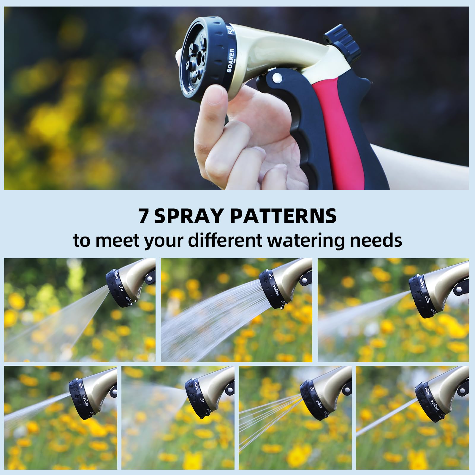 HVNPSH Garden Hose Sprayer Nozzle, Heavy Duty Water Hose Nozzle with 7 Spray Patterns, High Pressure Adjustment Button, Lockable Front Trigger, Watering Plants & Lawns, Washing Cars & Pets