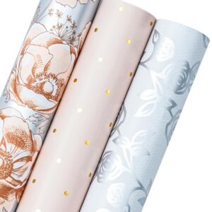 WRAPAHOLIC Wedding Wrapping Paper Roll - Mini Roll - 3 Rolls - 17 Inch x 120 Inch Per roll - Elegant Floral and Lace Printed Design for Bridal Shower, Birthday, Holiday, Baby Shower