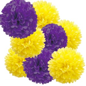 capesaro purple yellow tissue paper pom poms，12pcs tissue paper flowers for basketball sport theme party birthday, graduation decorations, football party supplies for men boys adults sports theme