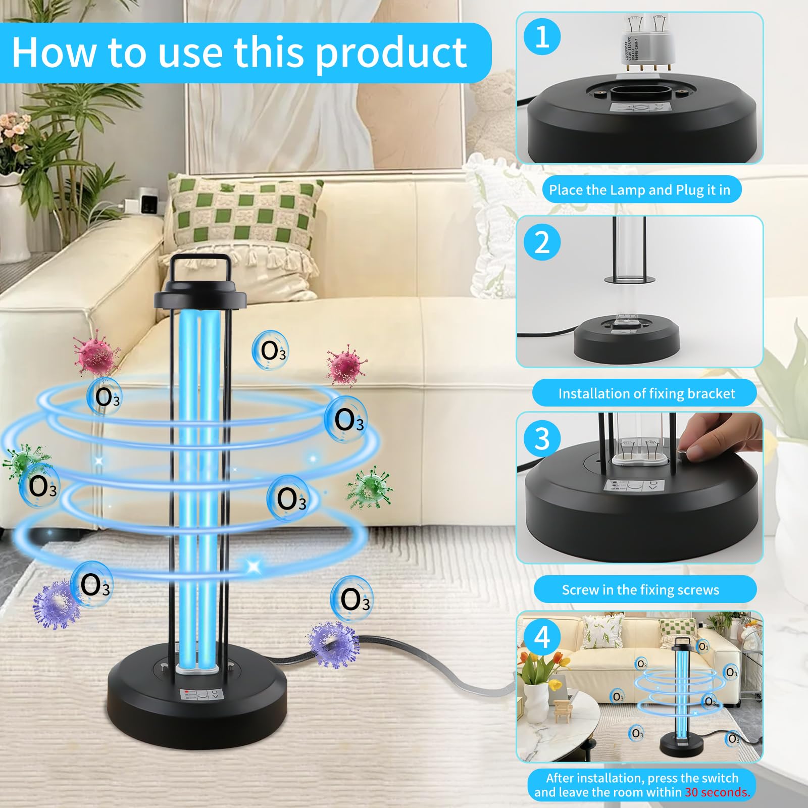 38W UV Sanitizer Light, Portable Ozone Ultraviolet Light with 3-Gear Timer and Remote Control, 110V Home Disinfection Device, 99.99% UVC Cleaning Ozone Lamp for Home, Office, Hotel, School