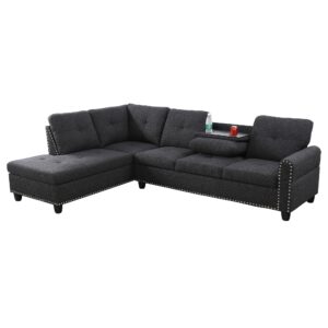 modern linen sectional couches w/ 2 cup holders & chaise lounge, left facing l-shaped sofa upholstered modular corner 4 seaters for small apartment, living room furniture set, metal legs (black)