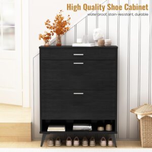 AWQM Shoe Storage Cabinet for Entryway, Free Standing Shoe Organizer with 2 Flip Drawers，Hidden Shoe Rack Storage Organizer for Doorway Hallway Closet, Black