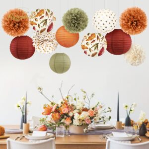 NICROLANDEE Fall Wedding Decorations, 12 PCS Orange Maple Leaf Paper Lanterns Tissue Pom Poms for Thanksgiving Day Backdrop Decoration, Fall Baby Bridal Shower, Birthday, Autumn Harvest Party Decor