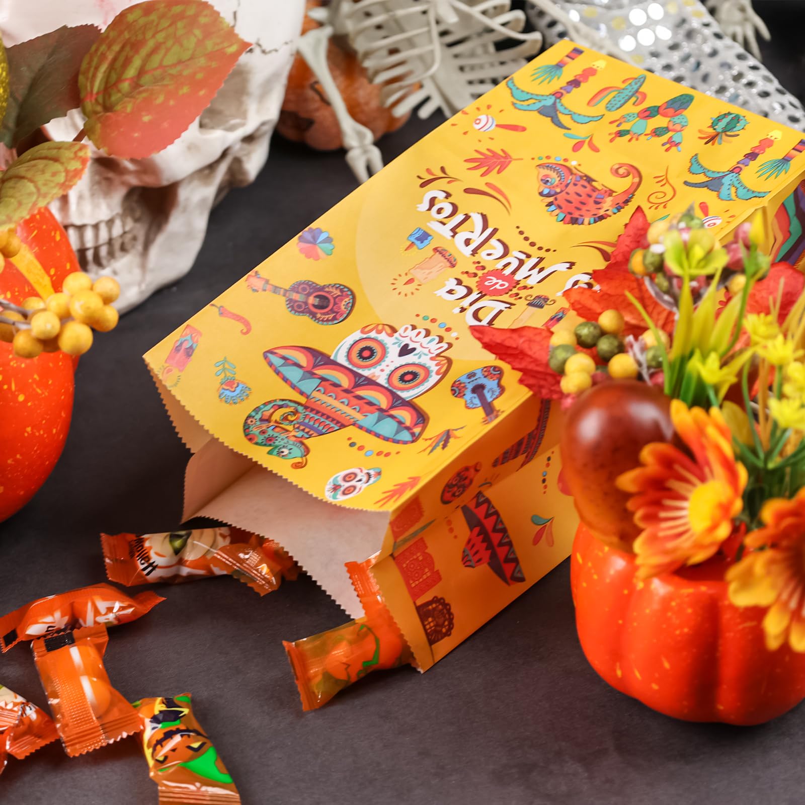 STARRKY 27PCS Halloween Party Favor Bags, Day of the Dead Treat Bags with Stickers Paper Candy Bags 3 Designs Goodie Bags for Party Supplies