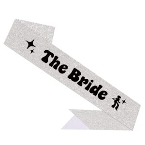 the bride sash - disco bride to be/bachelorette party decorations - mamma mia bridal shower party decorations, dancing queen disco bride decorations silver glitter