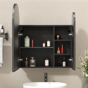 Mepplzian Black Arched Medicine Cabinet with Mirror,Black Medicine Cabinet with 2 Doors,Bathroom Medicine Cabinets Mirror Wall Mounted,24x28Inch