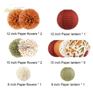 NICROLANDEE Fall Wedding Decorations, 12 PCS Orange Maple Leaf Paper Lanterns Tissue Pom Poms for Thanksgiving Day Backdrop Decoration, Fall Baby Bridal Shower, Birthday, Autumn Harvest Party Decor