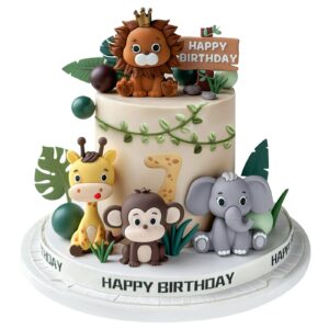 19pcs safari animal cake topper - jungle wild cake toppers with leaves balls cake decorations for safari animals themed birthday party decorations (safari animal style)