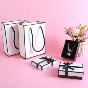 Tucnoeu 2Pcs White Small Gift Box and 2Pcs Small Gift Bag with Black Ribbons,Jewellery Gift Box for Bracelets, Earrings, Rings, Bangles, Jewelry(3.5x2.7x1.2in)