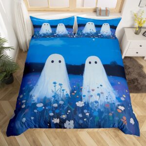 manfei cute ghost paint duvet cover,halloween ghost couple kawaii duvet cover for kids boys girls teens,watercolor blue nature floral aesthetic bedroom decor comforter cover full