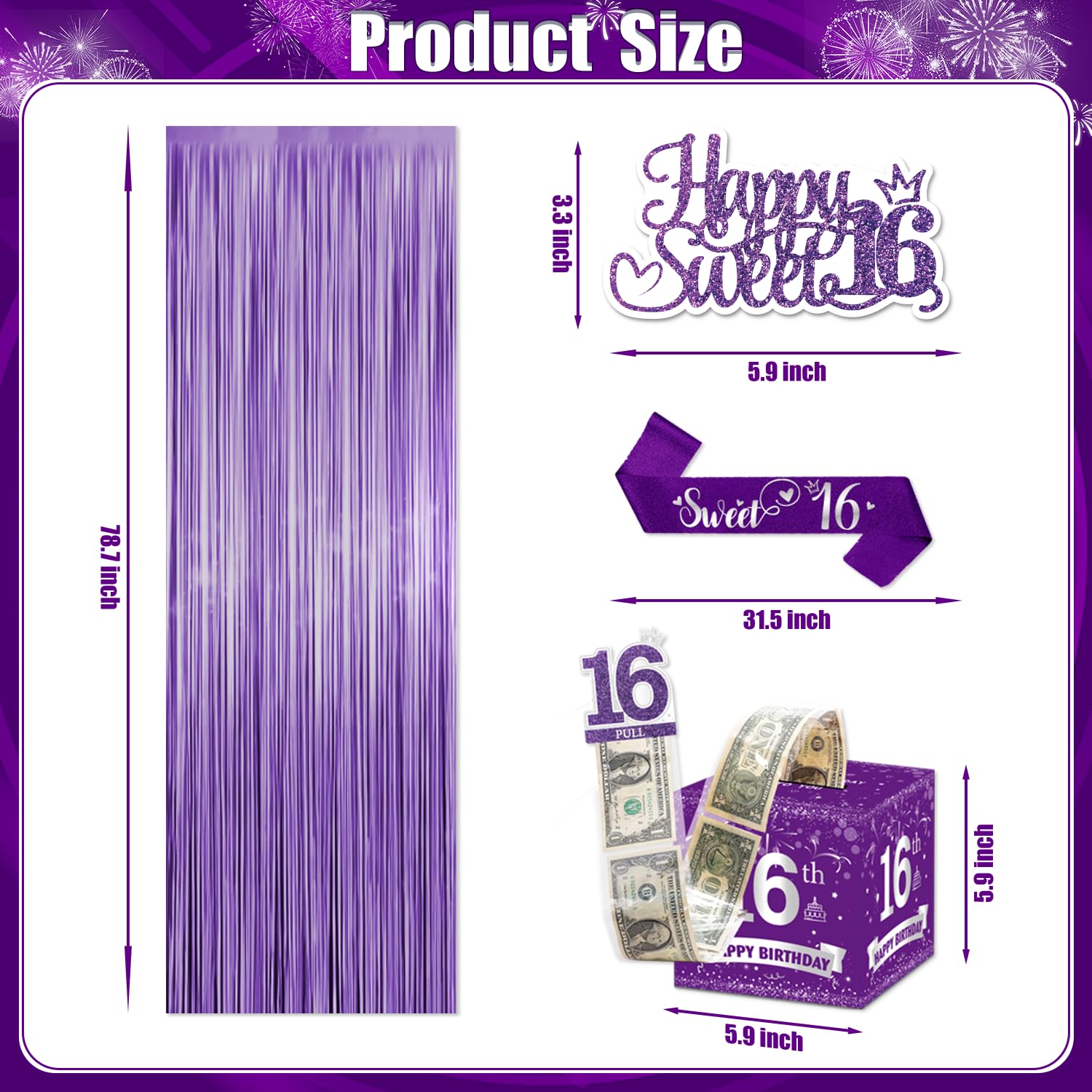 cocomigo 140pcs Sweet 16 Birthday Decorations for Girls, Purple Sweet 16 Party Decorations include Banner Light Balloons Tiara Sash Caketopper Guest Book Money Pull Box tablecloth Foil Fringe Curtain