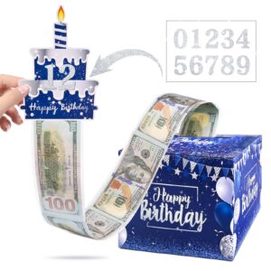 toyeishi birthday money pull box for cash gift with diy self-adhesive stickers for any age, happy birthday money box for cash gift pull out cake card and 100pcs bags, birthday party decor ideas-blue