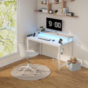 Lufeiya White Computer Desk with LED Lights and Power Outlets, 40 Inch Home Office Desks with Monitor Stand, Teen Writing Study Table Gaming Desk with Charging Station, White