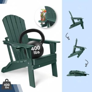 Plawdlik Folding Adirondack Chair, SGS Tested, Wooden Textured with Cup Holder, Heavy All-Weather HDPE Comfortable Set Poolside Backyard Lawn Grey Set 2