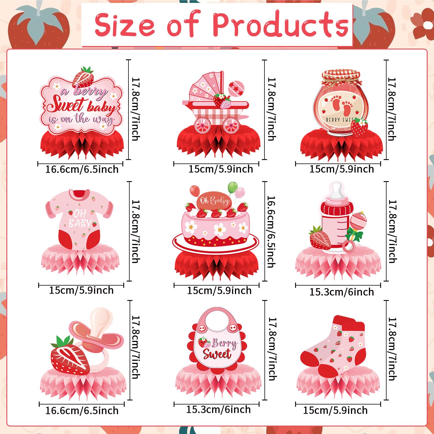 Refavor Strawberry Baby Shower Decorations - 9PCS Berry Sweet Baby Shower Decorations Supplies A Berry Sweet Baby Is on the Way Decor Strawberry Honeycomb Centerpieces Baby Shower Party Table Decor