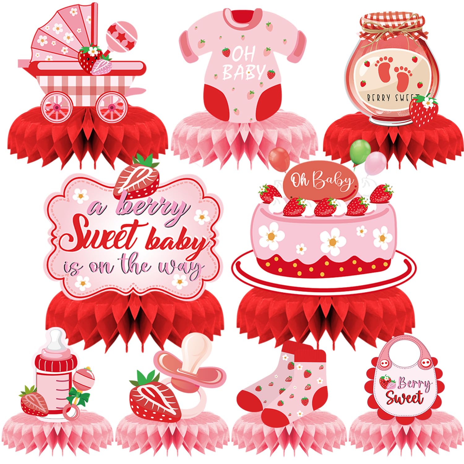 Refavor Strawberry Baby Shower Decorations - 9PCS Berry Sweet Baby Shower Decorations Supplies A Berry Sweet Baby Is on the Way Decor Strawberry Honeycomb Centerpieces Baby Shower Party Table Decor