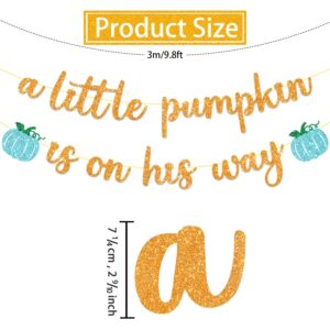 Little Pumpkin Baby Shower Decorations for Boy, Fall Blue Gender Reveal Decor, A Little Pumpkin Is on His Way Baby Shower Banner and Pumpkin Hanging Swirls