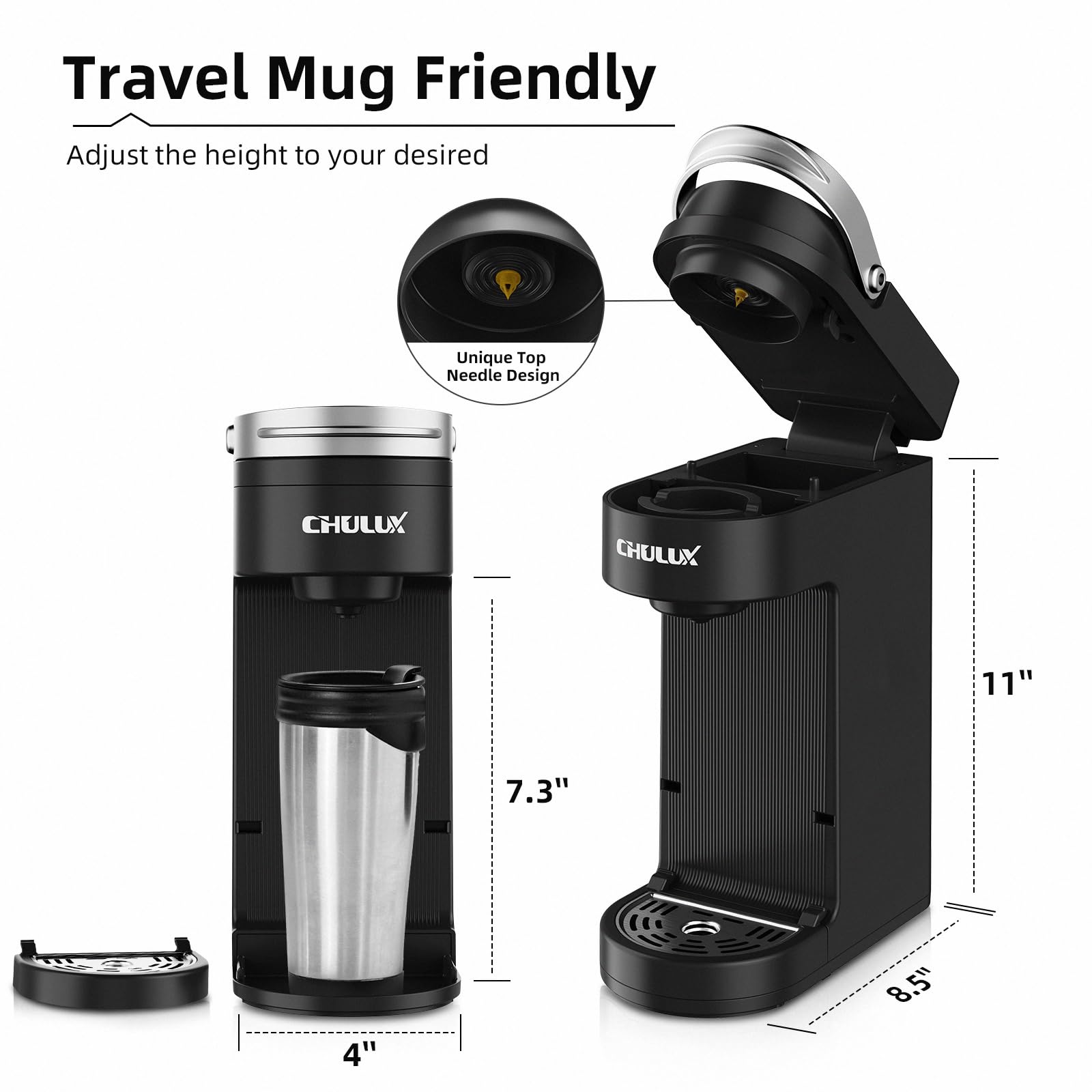 CHULUX Slim 2 in 1 Single Serve Coffee Maker for K Cup & Ground Coffee, Mini Travel One Cup Coffee Machine for Home, Desk, Kitchen and Bedroom, Fits Travel Mug