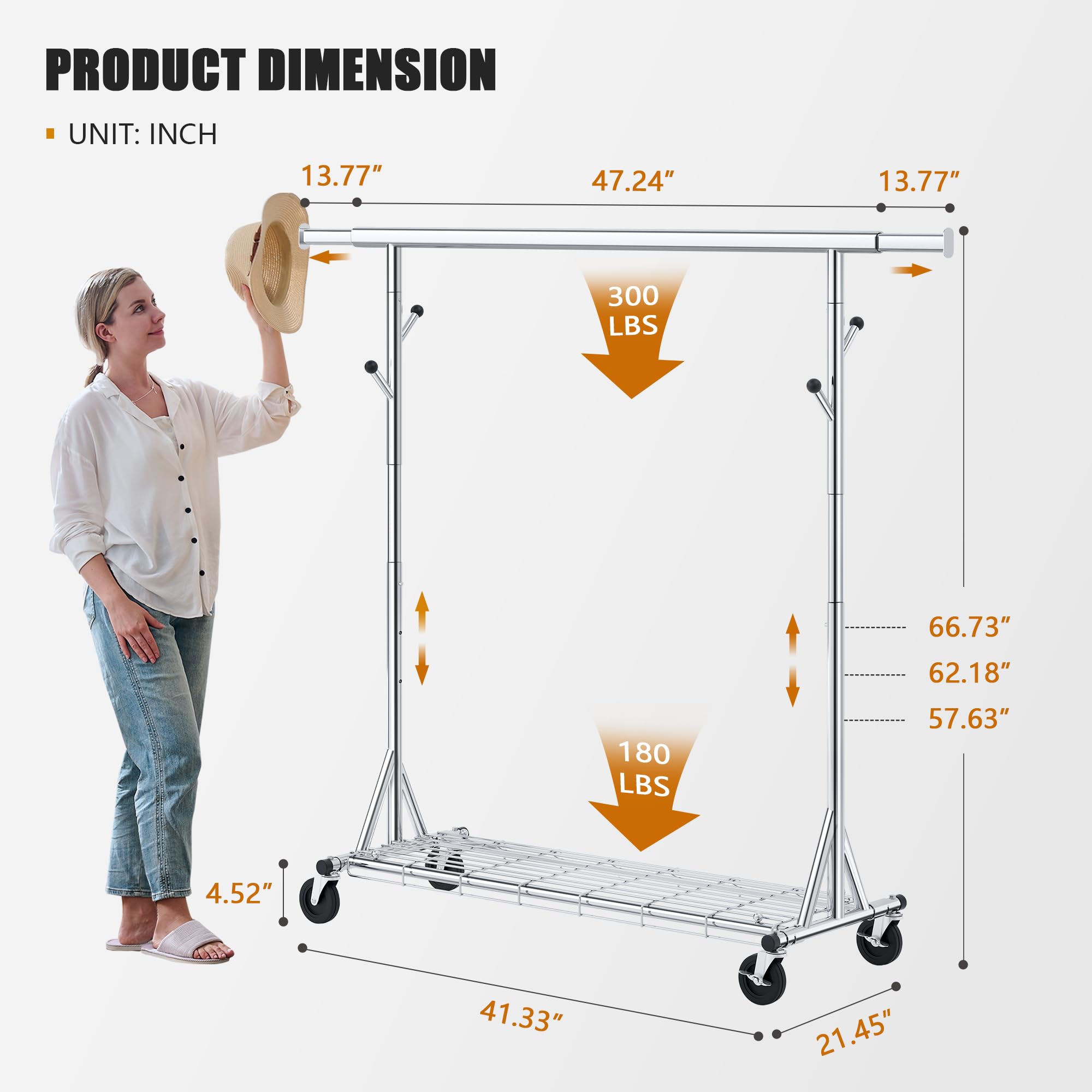 Gewudraw Heavy Duty Clothes Rack Load 480 LBS Metal Garment Rack Hang 200 pieces of clothing on Wheels Collapsible Rolling Portable & Adjustable Clothing Rack with Hook for Hanging Clothes